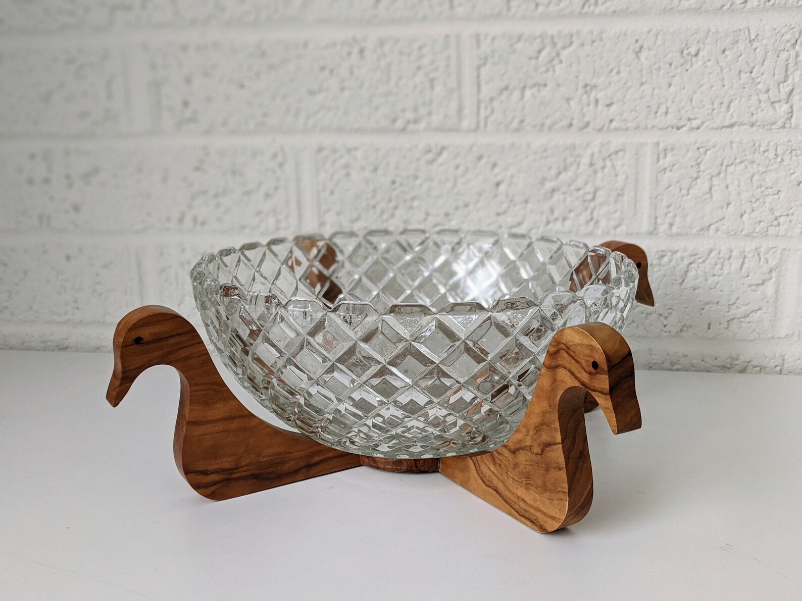 Vintage Glass Bowl and Wooden Duck Bowl Stand Swan Goose - Etsy