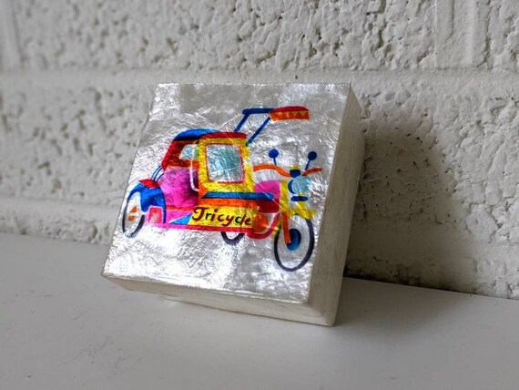Vintage Capiz Shell Box With a Tricycle in Vivid Colors | Etsy