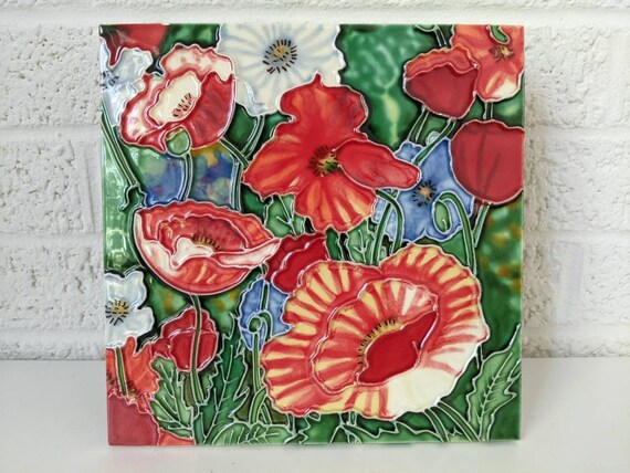 Vintage Ceramic Tile With Poppy Flowers Red Blue White - Etsy