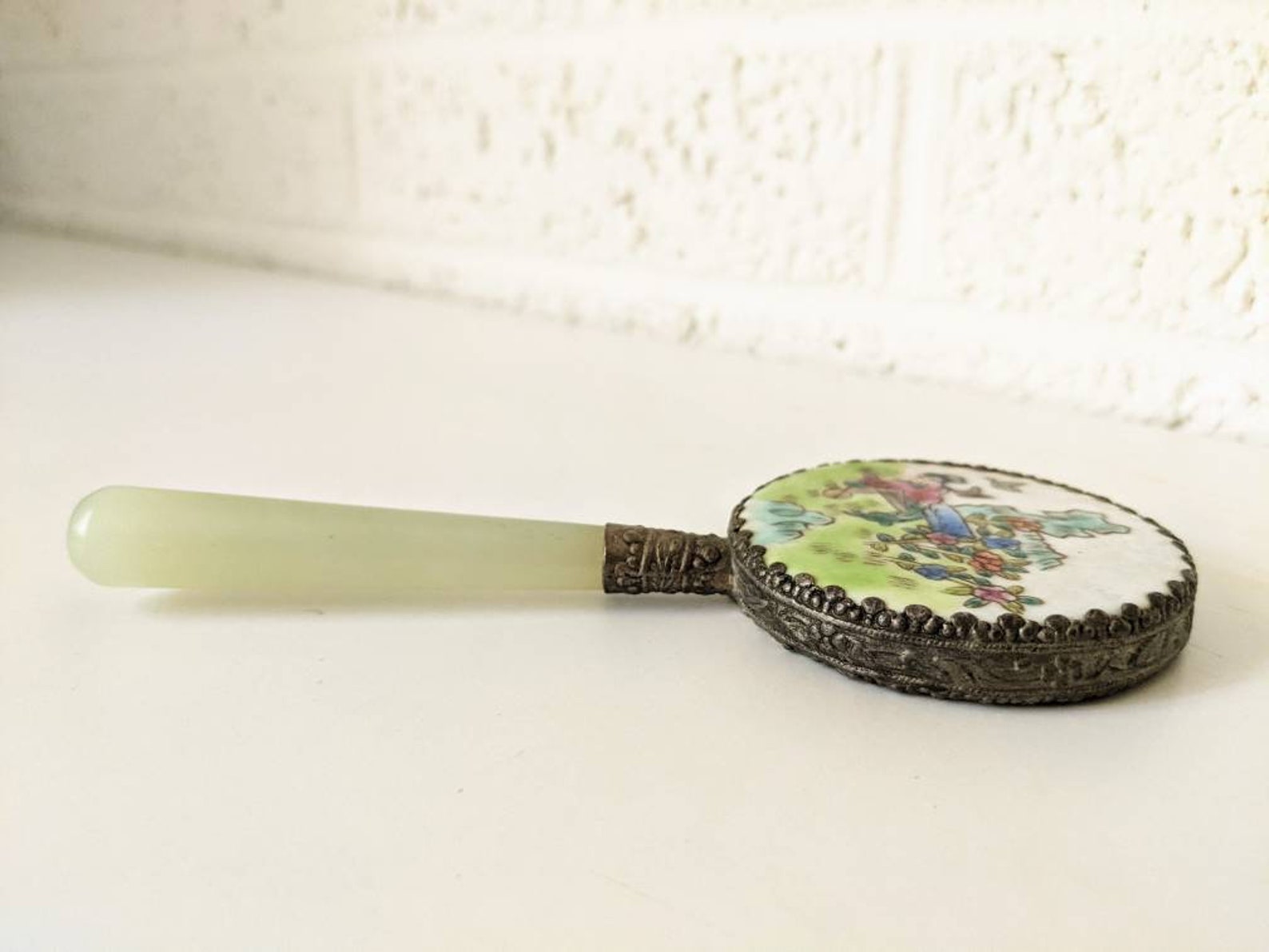 Vintage Hand Mirror Hand Painted With Jade Handle and Silver - Etsy