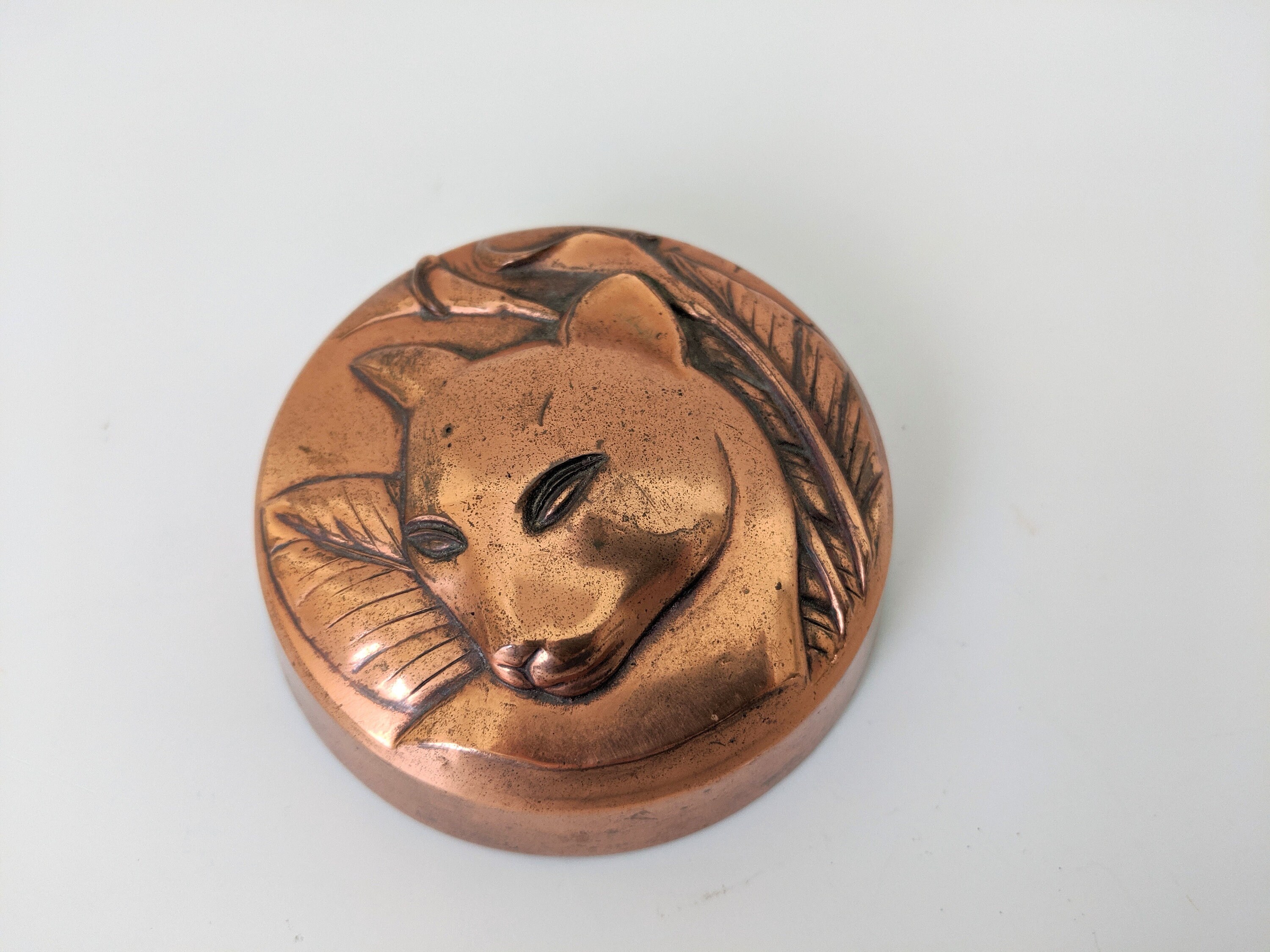 Vintage Copper Big Cat and Calla Lily Paperweight | Etsy