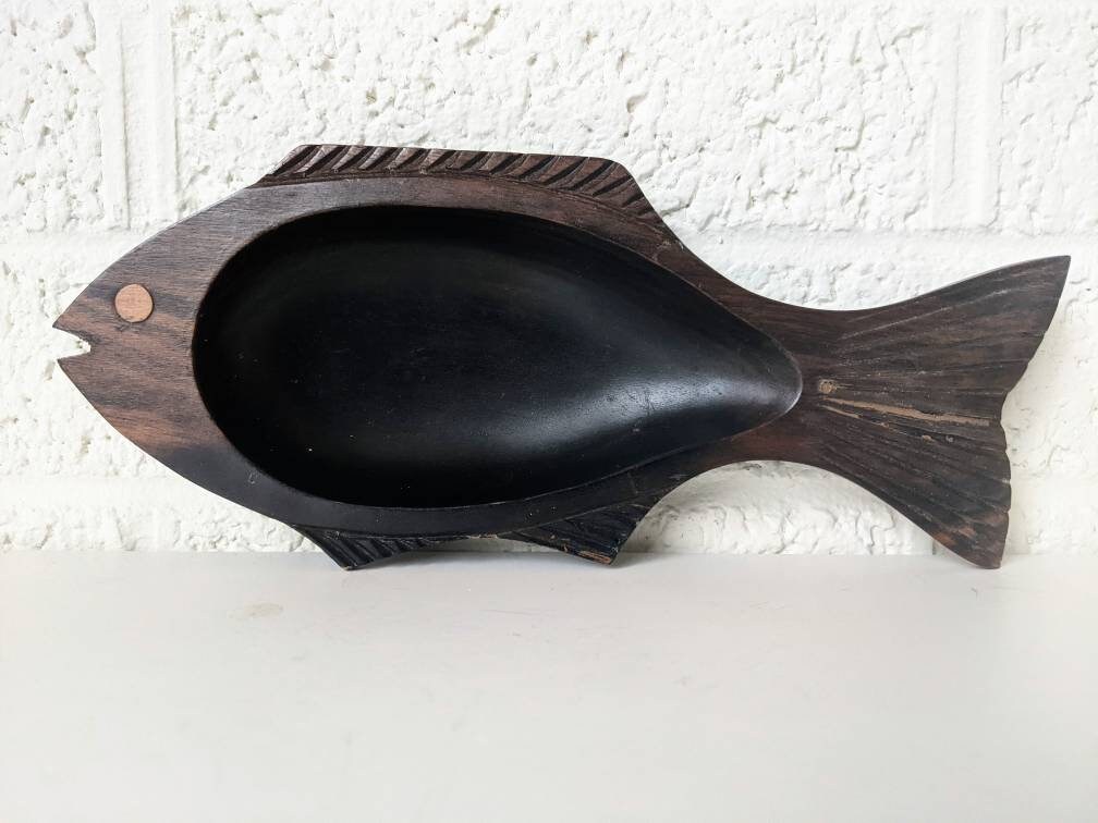 Vintage Hand Carved Dark Wooden Fish Bowl or Dish | Etsy
