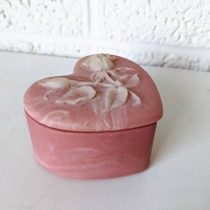 Vintage Incolay Heart Shaped Ring Box Pink With White Roses Engagement ...