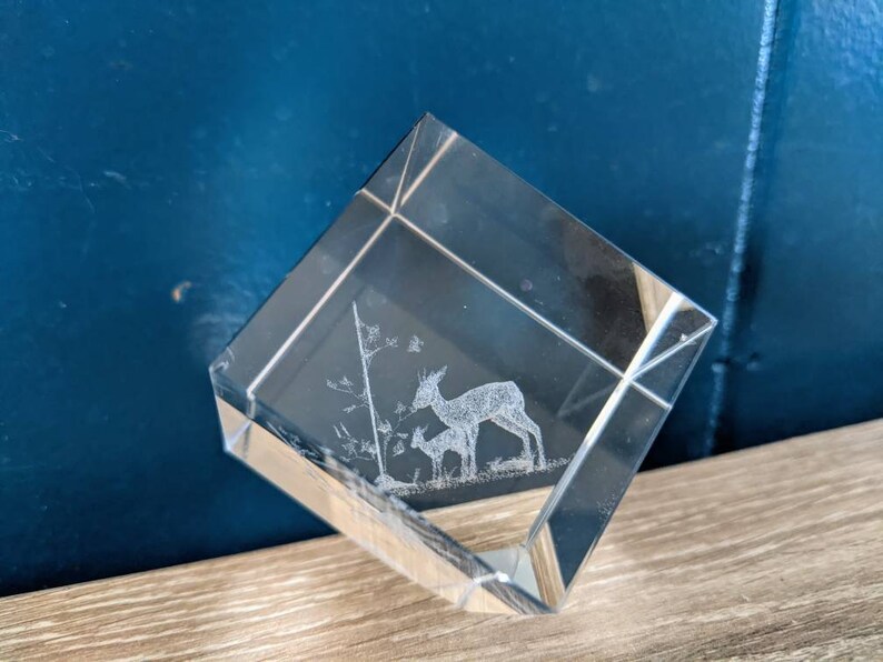 Vintage Laser Engraved Glass Cube Deer at Tree Stands on - Etsy