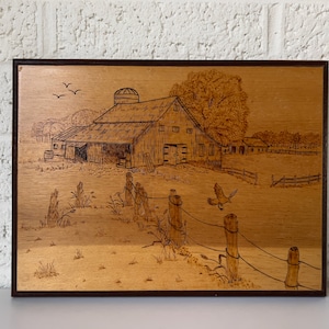 Vintage Wood Burn Wall Art | Barn Scene | Pyrography | Bucolic Scene - Etsy