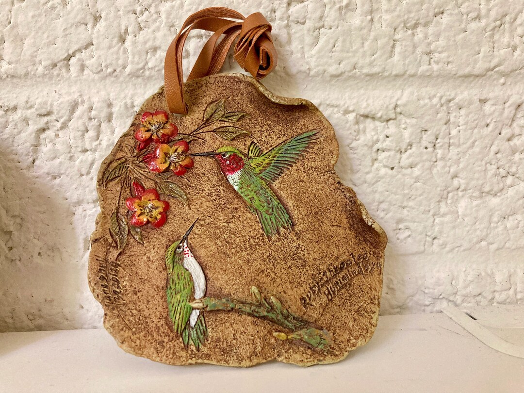 Vintage Plastic Wall Plaque | Faux Pottery | Hummingbird and Flowers ...