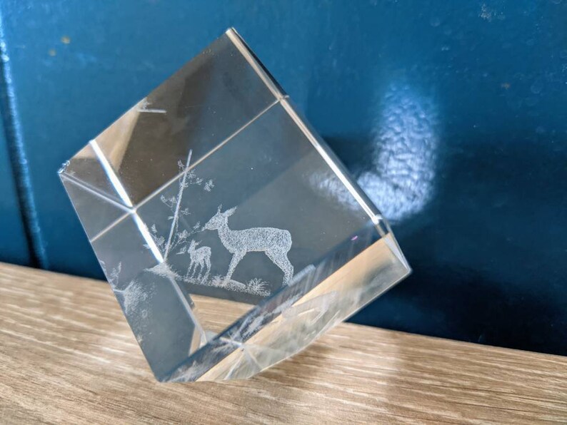 Vintage Laser Engraved Glass Cube Deer at Tree Stands on - Etsy