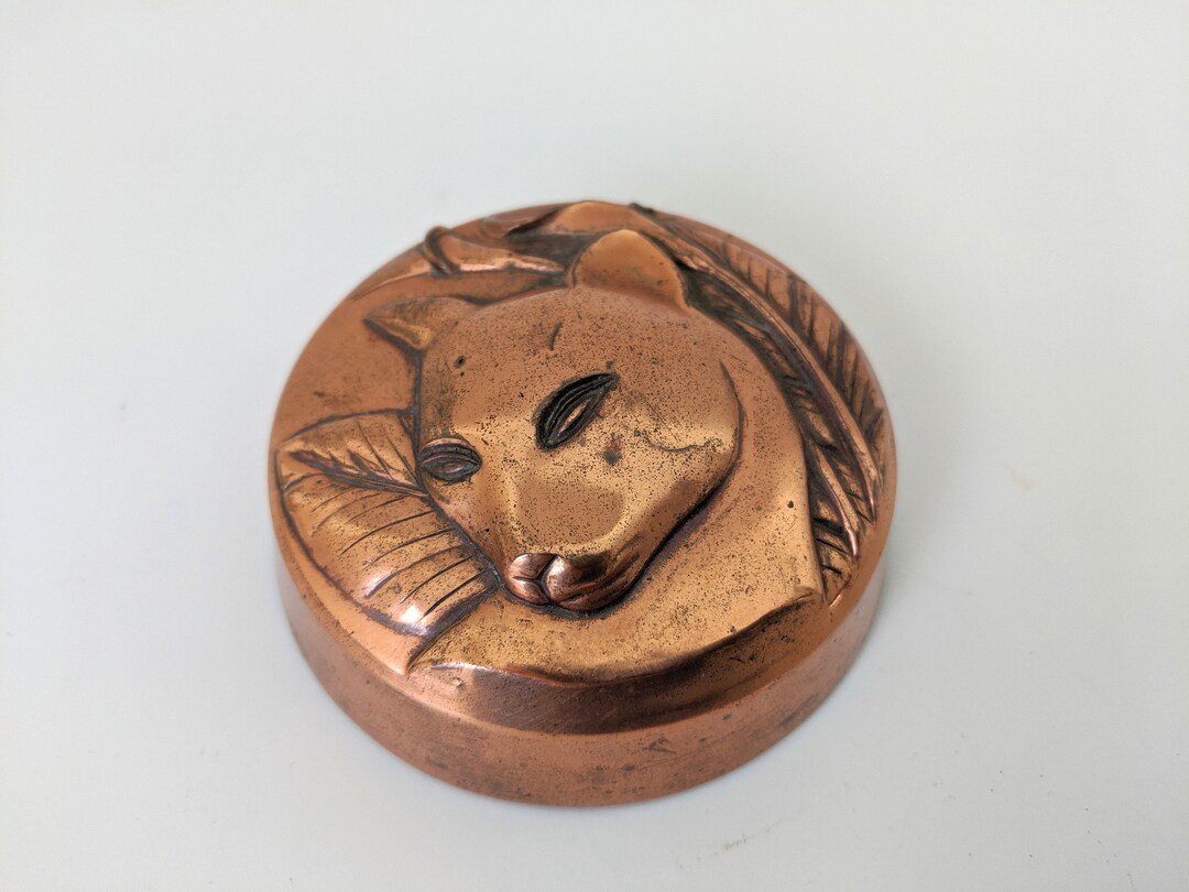 Vintage Copper Big Cat and Calla Lily Paperweight - Etsy