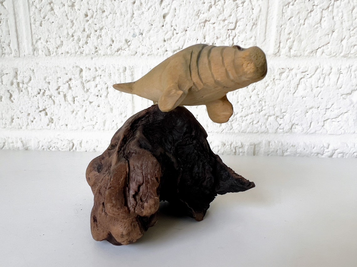 Vintage Carved Wooden Manatee on Burlwood - Etsy
