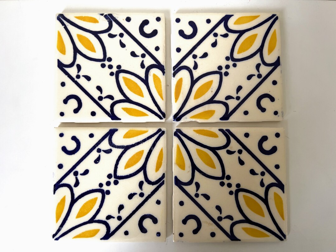 Set 4 Vintage Mexican Tiles, Blue and Yellow | Talavera Tiles - Etsy