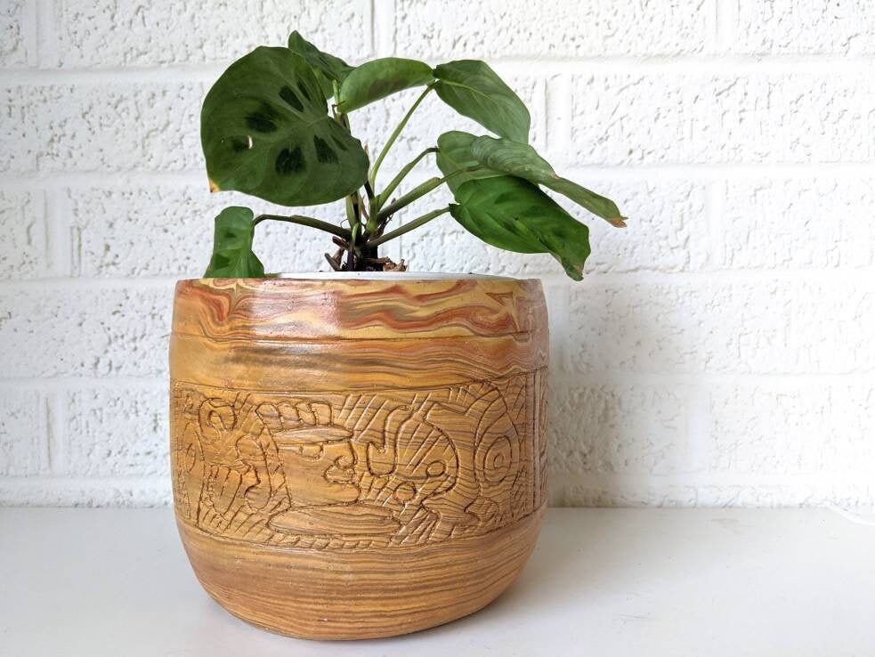Vintage Swirl Pottery Planter With Etched Mayan Designs | Etsy