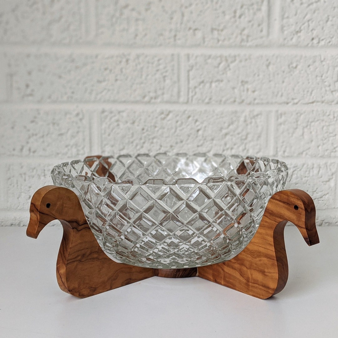 Vintage Glass Bowl and Wooden Duck Bowl Stand | Swan, Goose - Etsy
