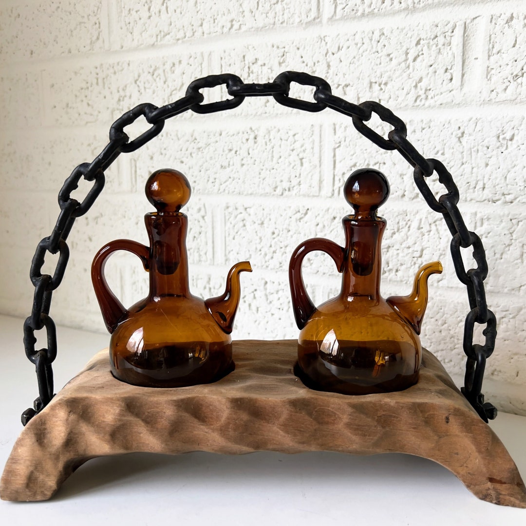Vintage Aliso Wood and Amber Glass Cruet Set | Spain | Metal Chain ...