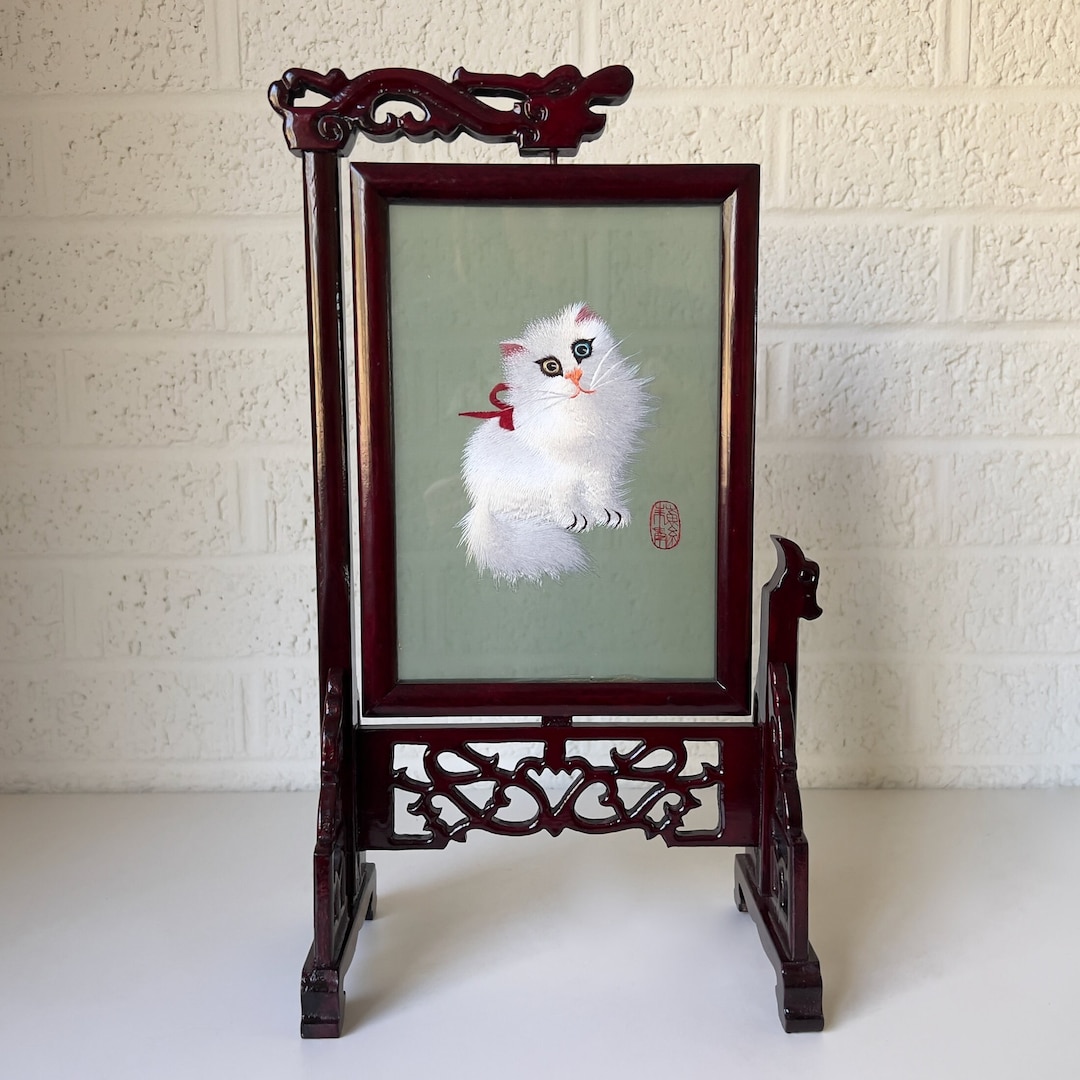 Vintage Chinese Silk Screen | Double Sided Embroidery | Cat Spinner ...