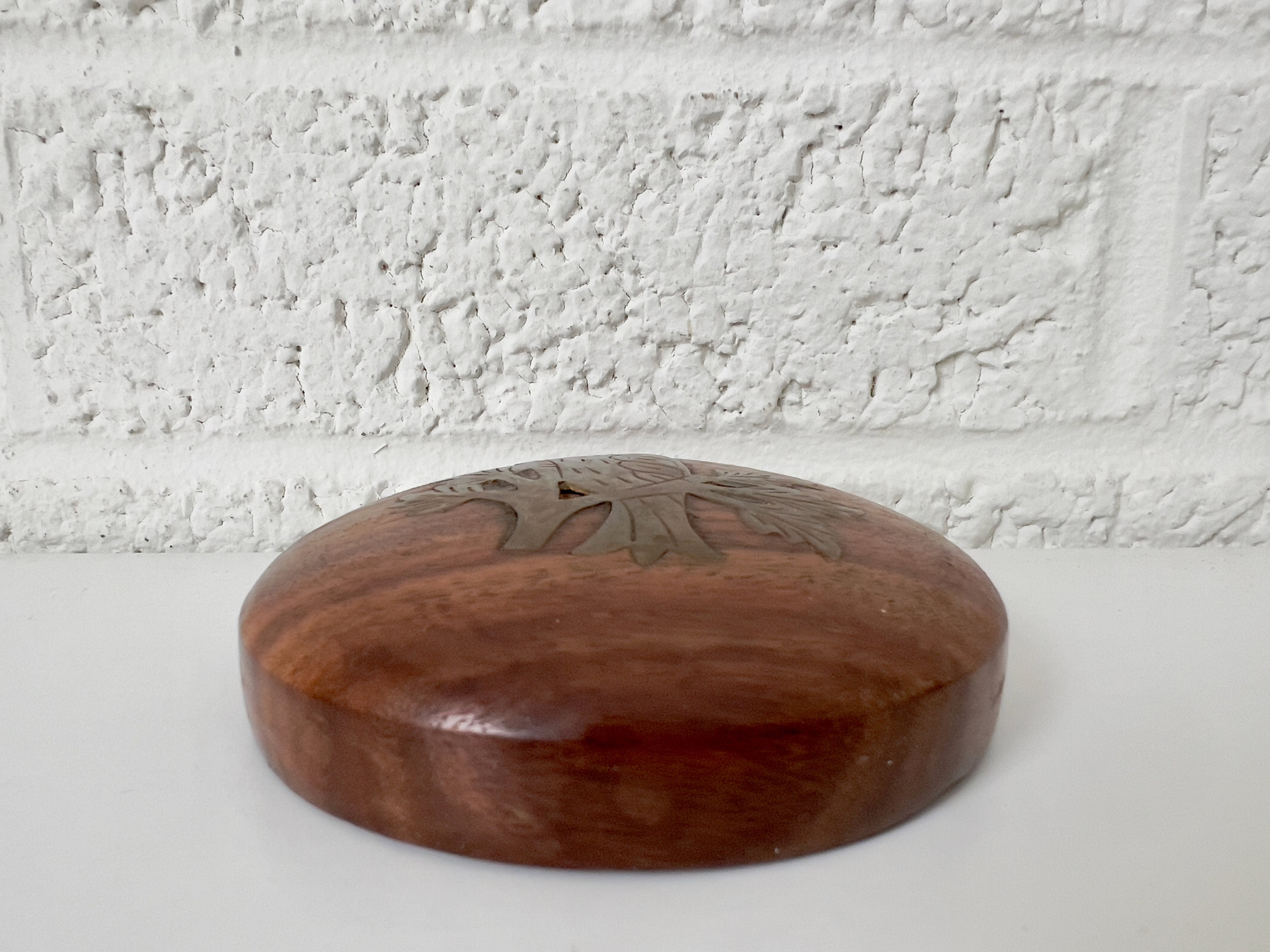 Vintage Wooden Paperweight With Brass Inlay of a Parrot or Other Bird ...