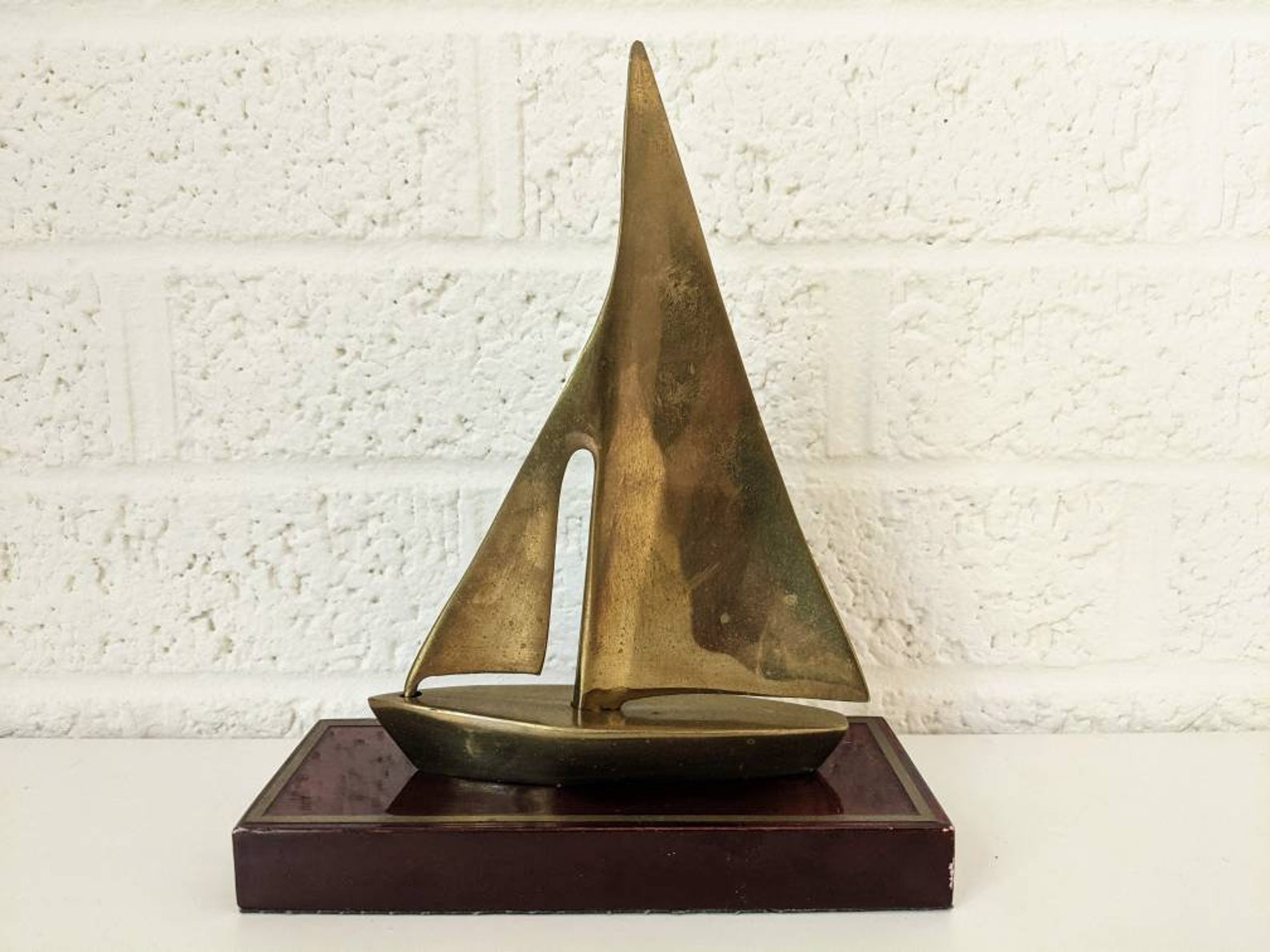 Vintage Brass Sailboat on Wooden Base with Inlaid Brass | Etsy