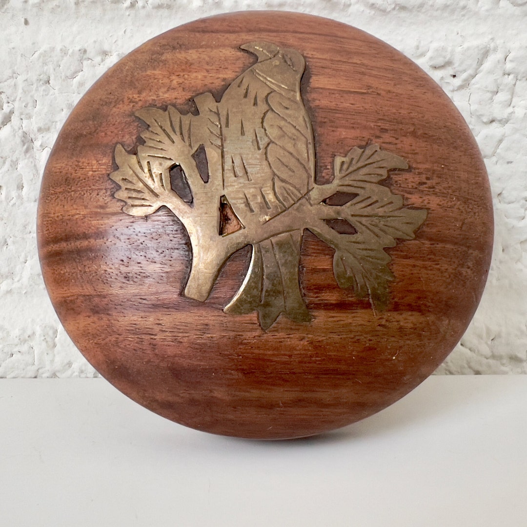 Vintage Wooden Paperweight With Brass Inlay of a Parrot or Other Bird ...