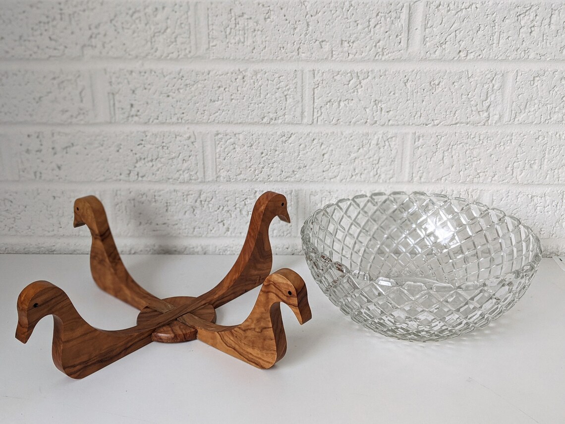 Vintage Glass Bowl and Wooden Duck Bowl Stand Swan Goose - Etsy