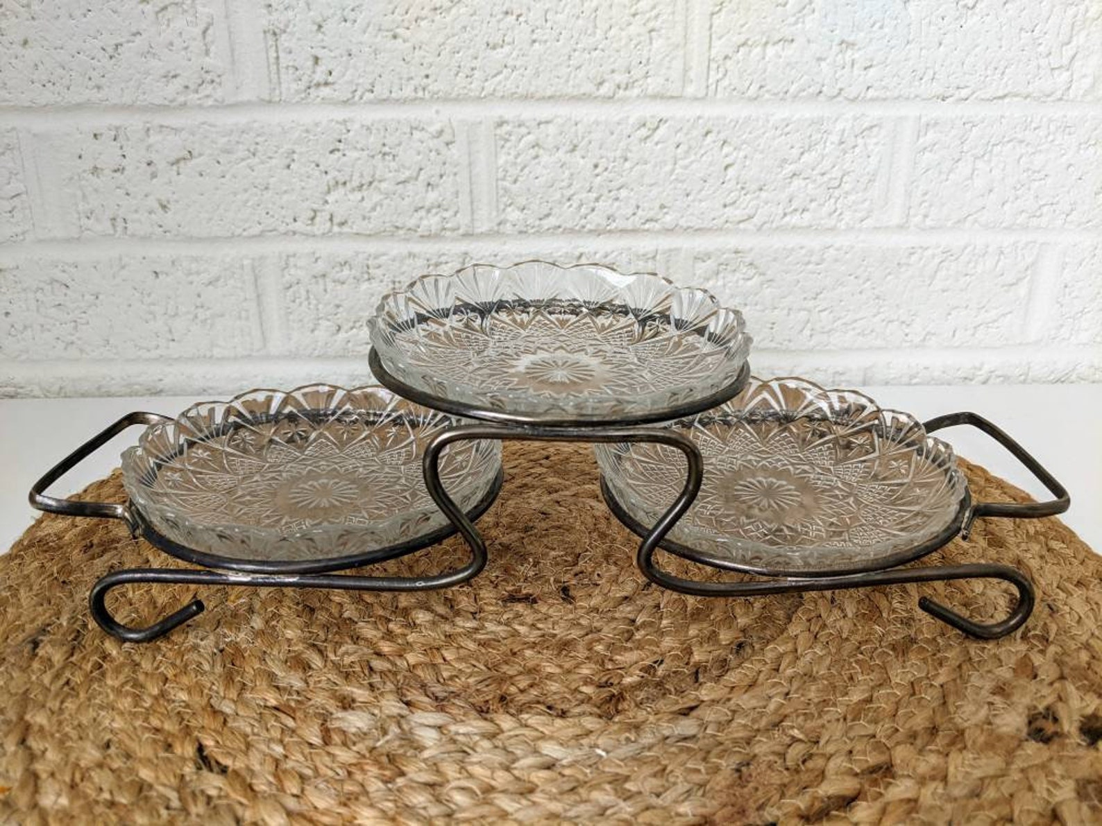Vintage Three Dish Metal Stand with Three Glass Dishes Snack | Etsy
