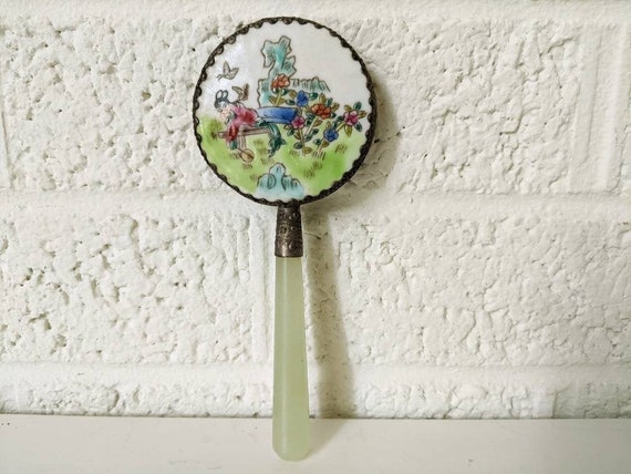 Vintage Hand Mirror Hand Painted With Jade Handle and Silver - Etsy