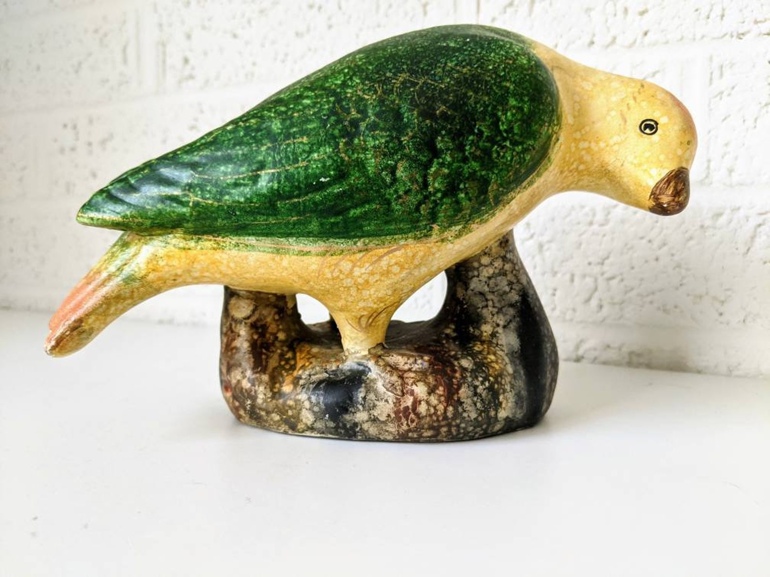 Vintage Tropical Bird Figurine | Green Yellow Parakeet | Pottery Bird ...