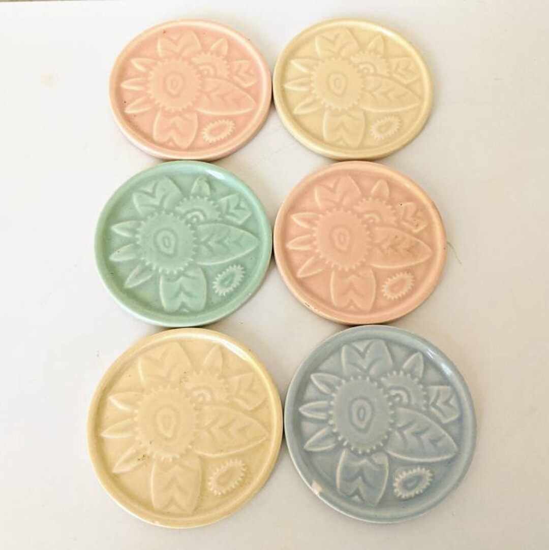 Set of Six Vintage Coasters | Pastel Glazed Ceramic With Floral Design ...