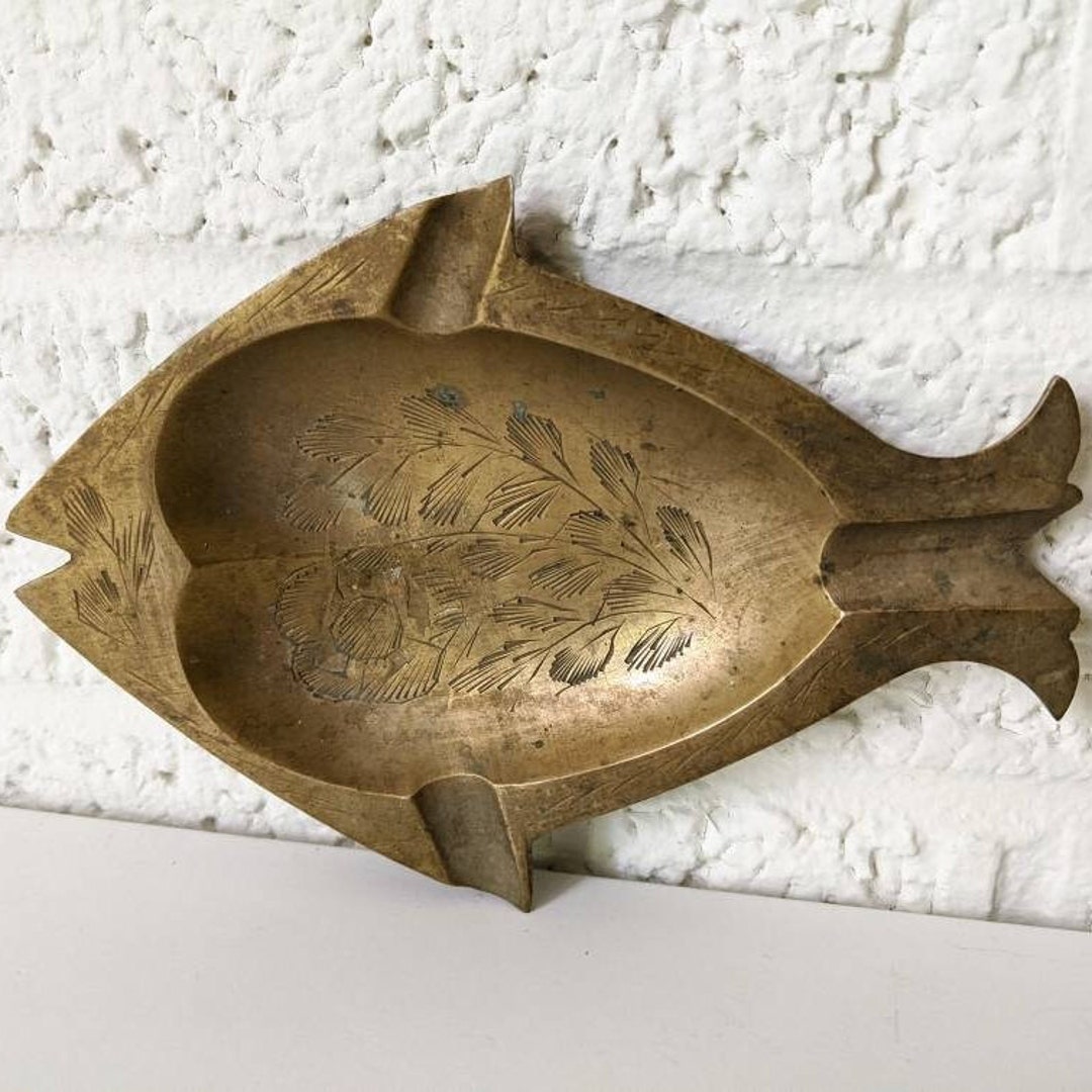 Vintage Etched Brass Fish Shaped Ashtray, Incense Tray, or Trinket Dish ...