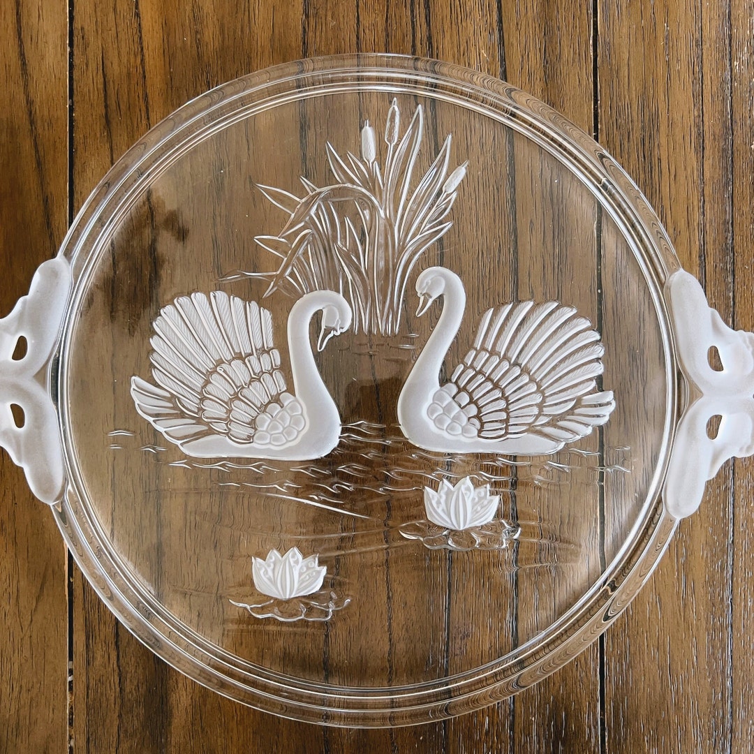 Vintage Mikasa Glass Swan Round Tray | Etched Frosted Glass Serving or ...