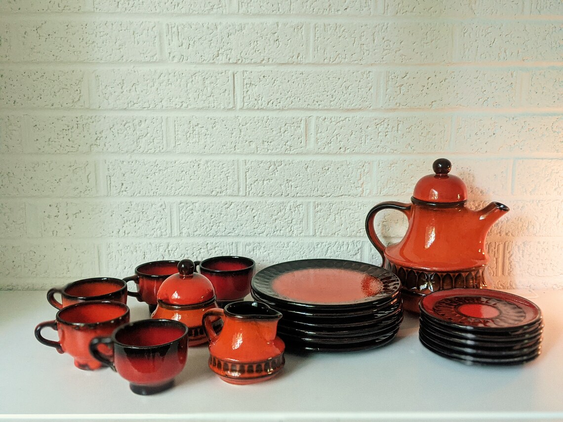 Vintage Red-orange Pottery Dish Set 20-piece Teapot - Etsy