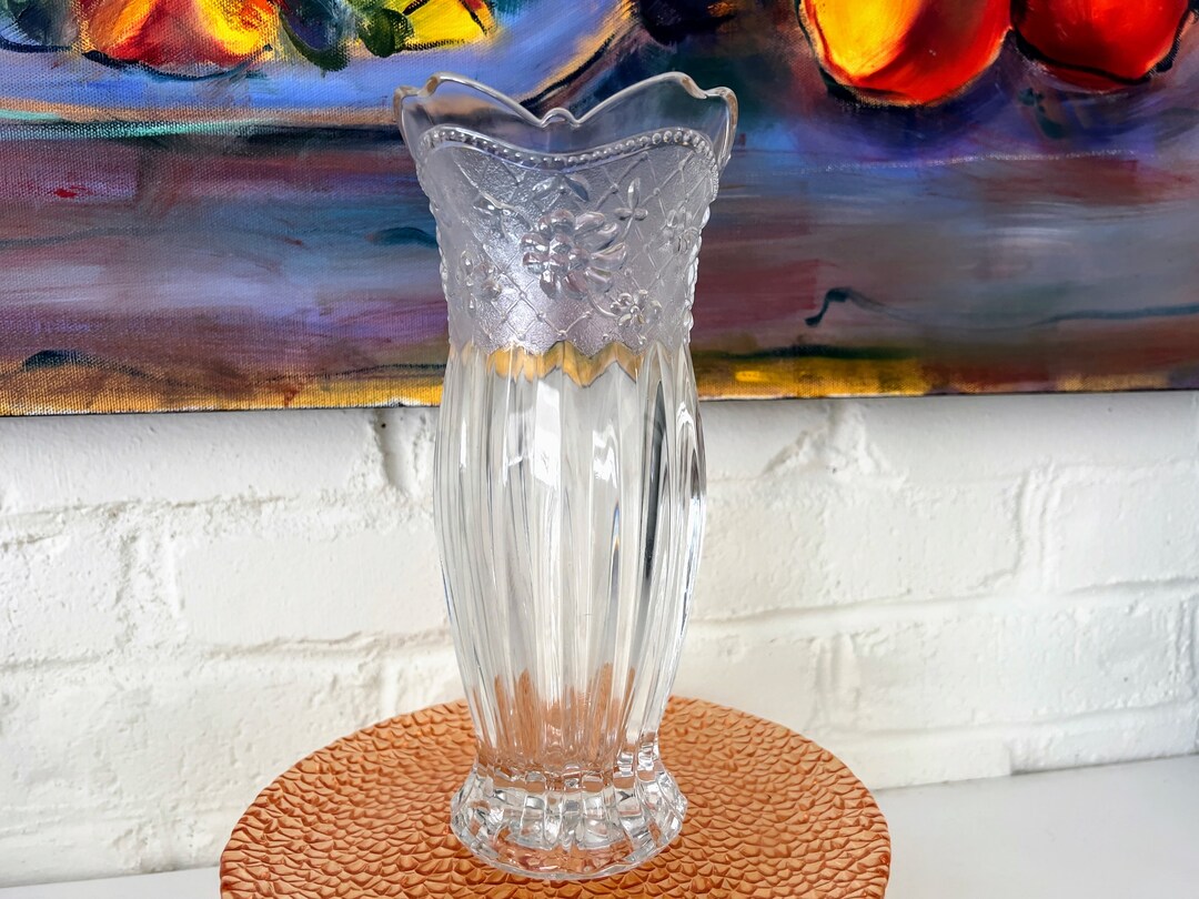 Vintage Glass Vase With Embossed Floral Design, Scalloped Rim, and ...