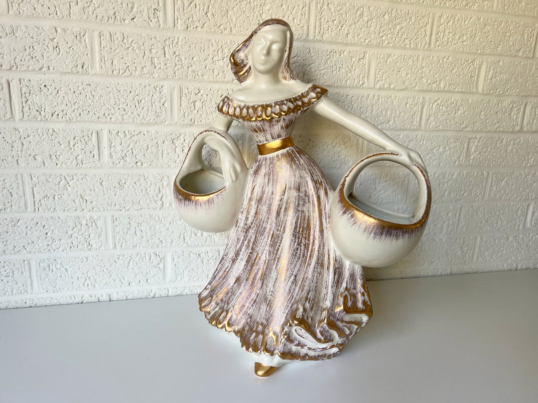 Large Vintage Royal Haeger Gold Tweed Gypsy Girl | Double Basket ...