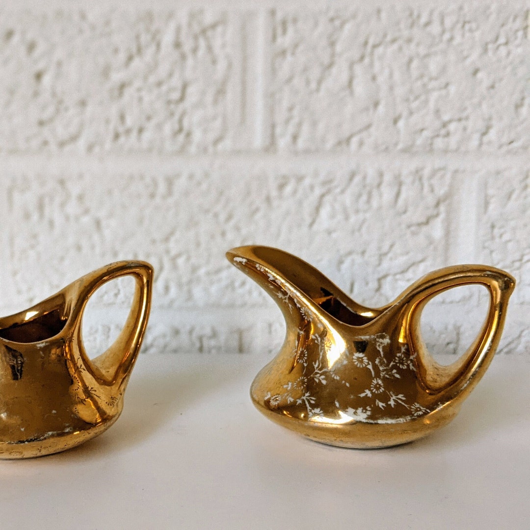 Vintage Pair Miniature Creamer and Sugar Bowl | Gold With White Flower ...