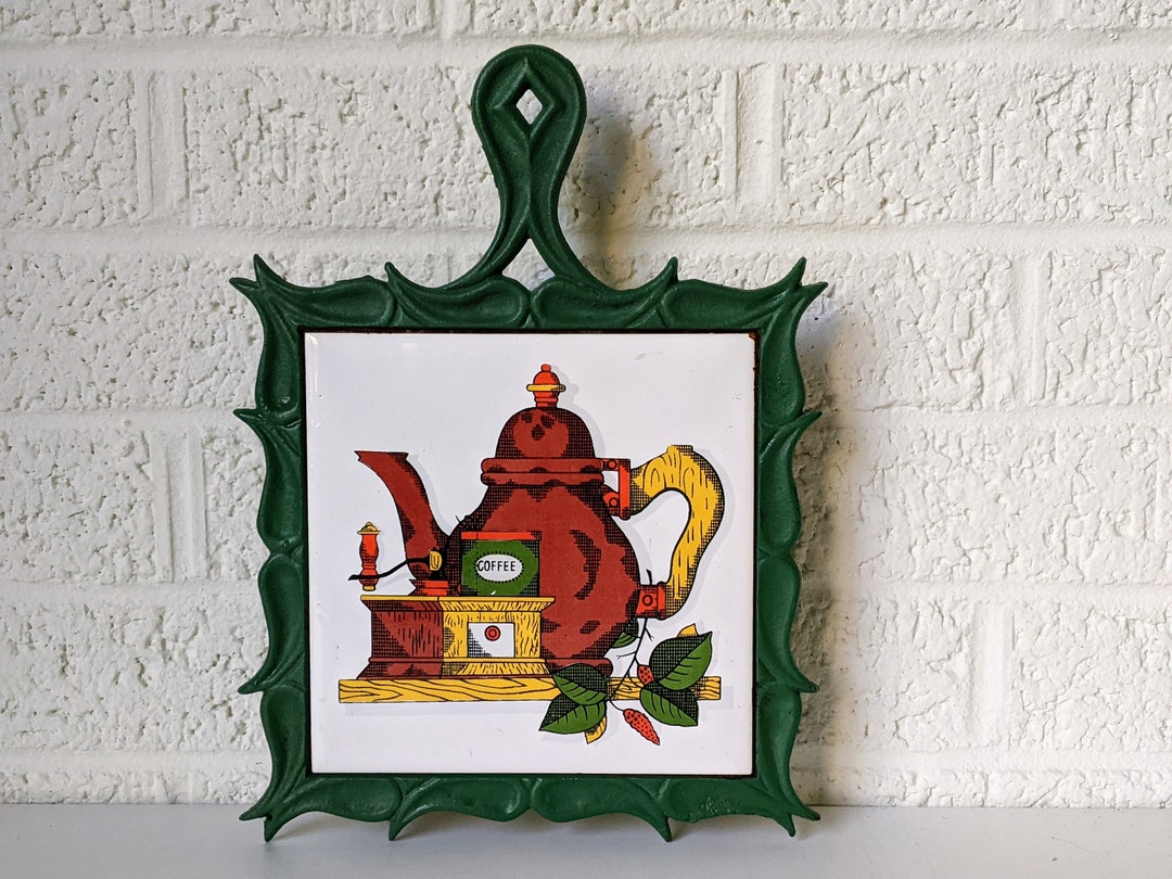 Vintage Tile and Cast Iron Trivet | Kitsch Kitchen | Coffee Trivet ...