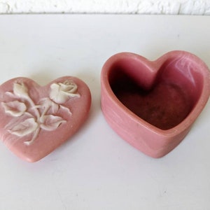 Vintage Incolay Heart Shaped Ring Box Pink With White Roses Engagement ...