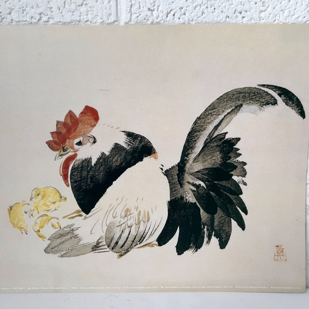 Vintage Color Woodblock Print | Shibata Zeshin | Rooster, Hen, and ...