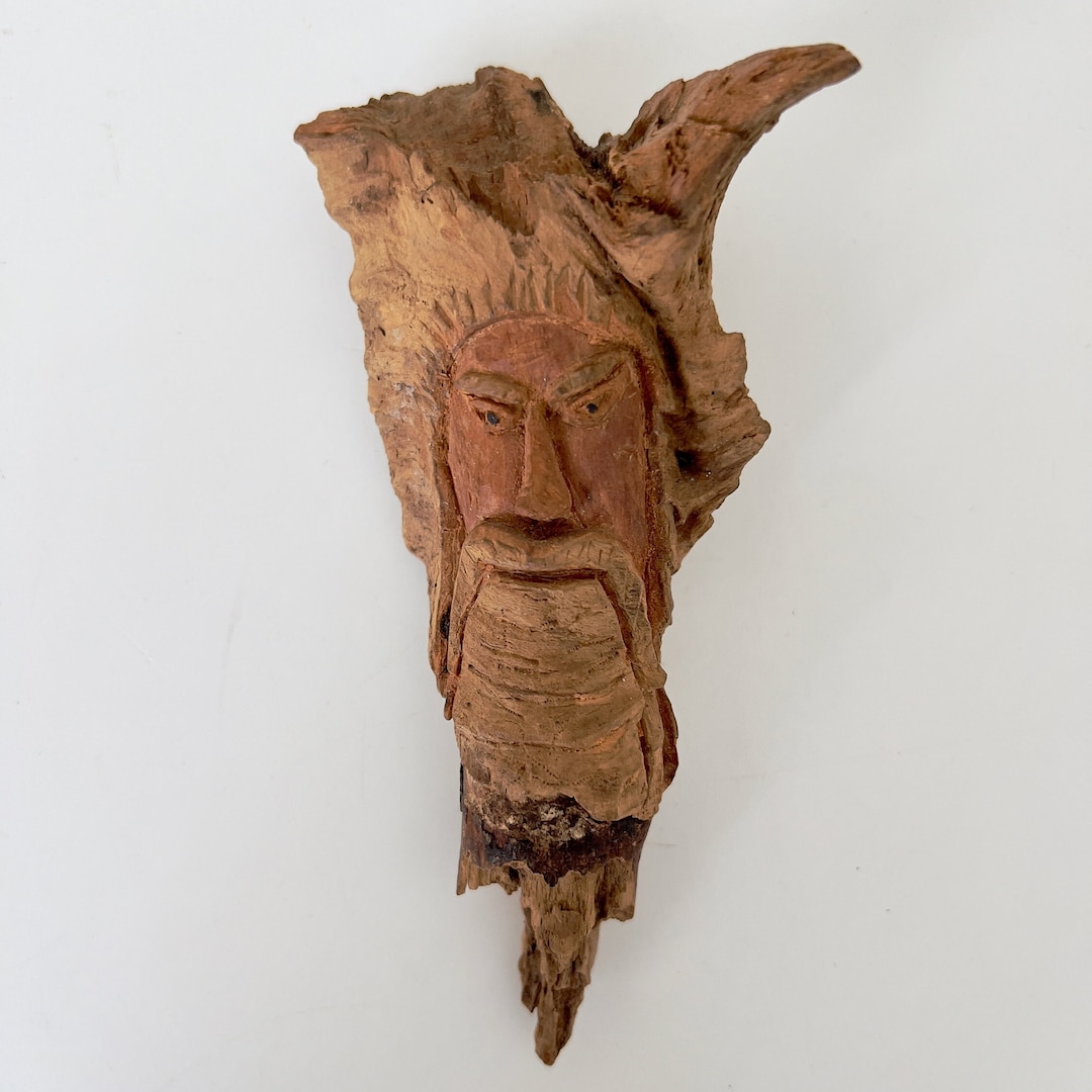 Vintage Folk Art Old Man Natural Wood Carving Bearded Man Folk Art ...
