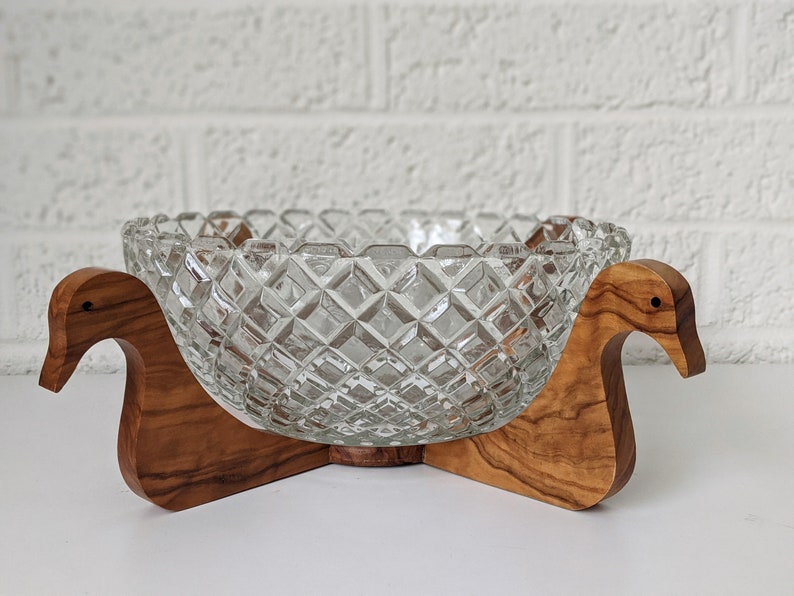 Vintage Glass Bowl and Wooden Duck Bowl Stand Swan Goose - Etsy