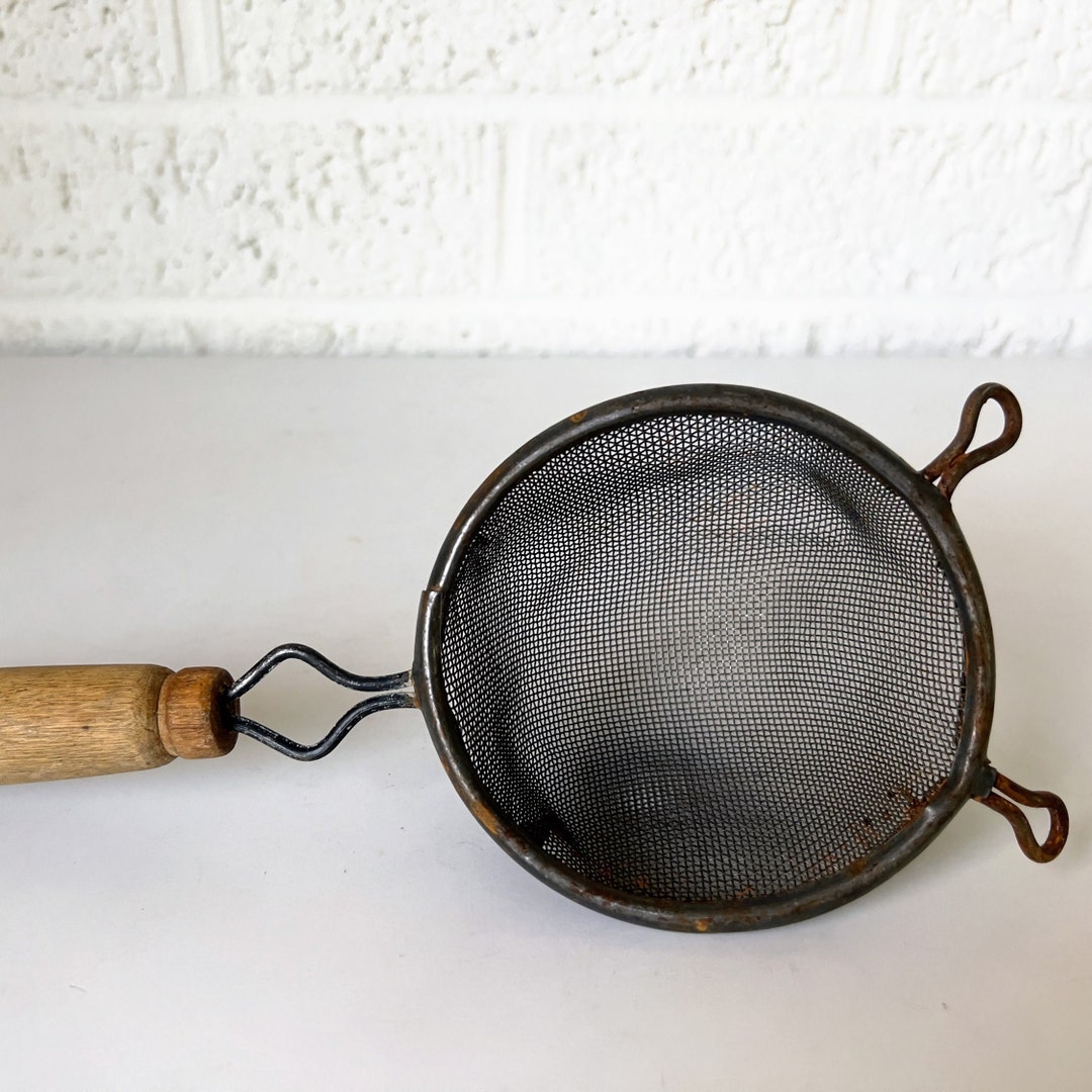 Vintage Handheld Kitchen Strainer | Metal Strainer With Wooden Handle ...