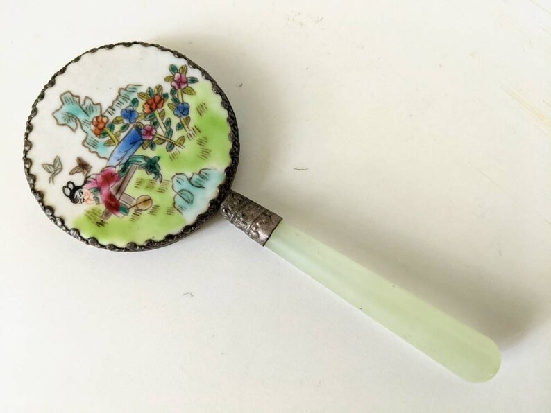 Vintage Hand Mirror Hand Painted With Jade Handle and Silver - Etsy