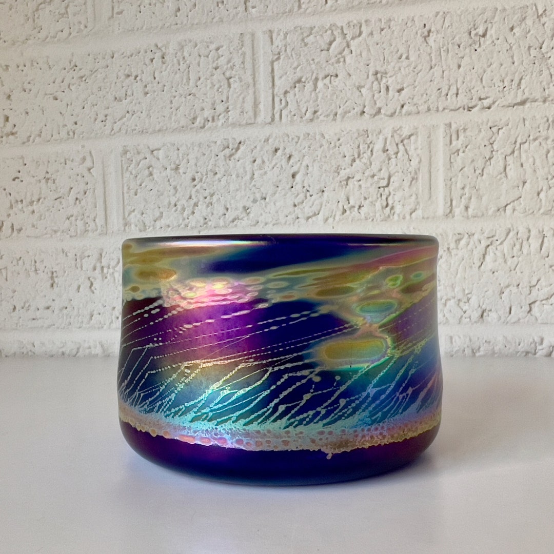 Vintage Robert Coleman Art Glass Iridescent Blue Bowl - Etsy