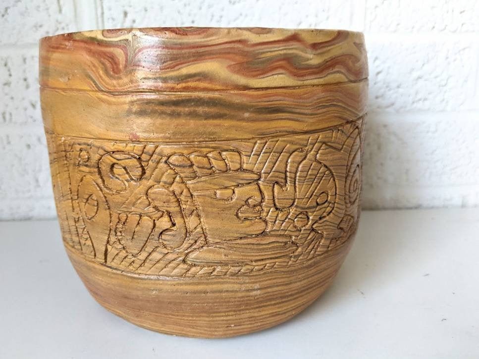 Vintage Swirl Pottery Planter With Etched Mayan Designs | Etsy