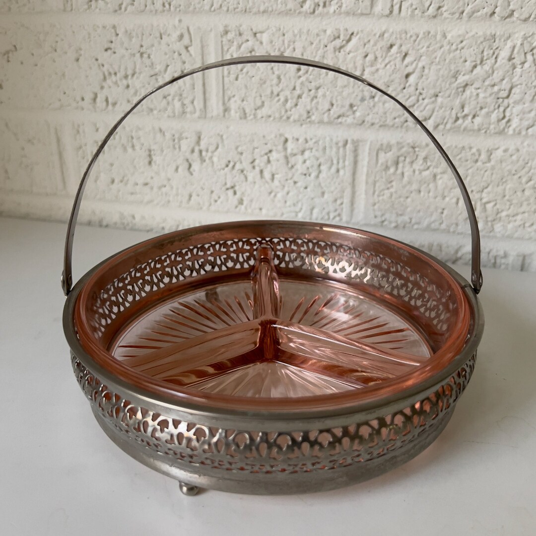 Vintage Pink Glass, Silver Filigree Caddy Basket With Divided Dish - Etsy