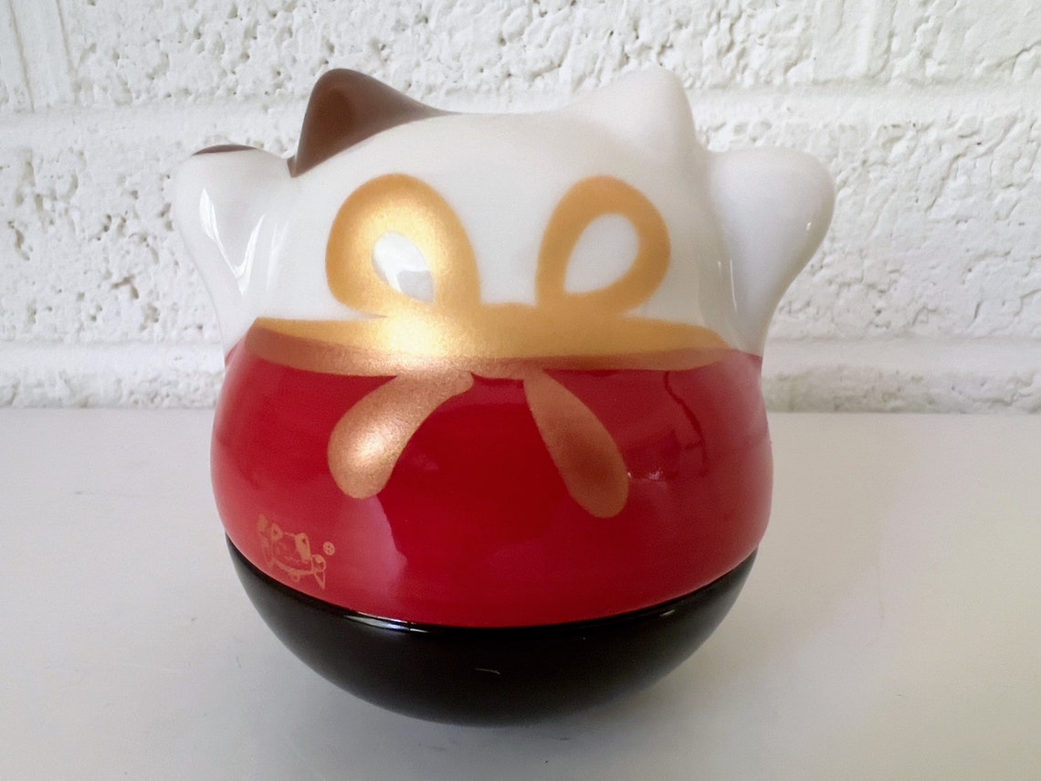 Vintage Lucky Cat Roly Poly Fortune Cat Figurine With - Etsy