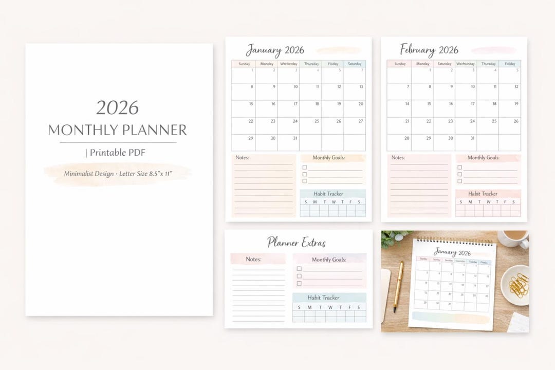 2026 Monthly Planner | Printable PDF | Minimalist Design | Notes ...