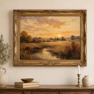 Vintage Fall Sunset Print, Autumn Landscape Oil Painting, Sun & Clouds ...