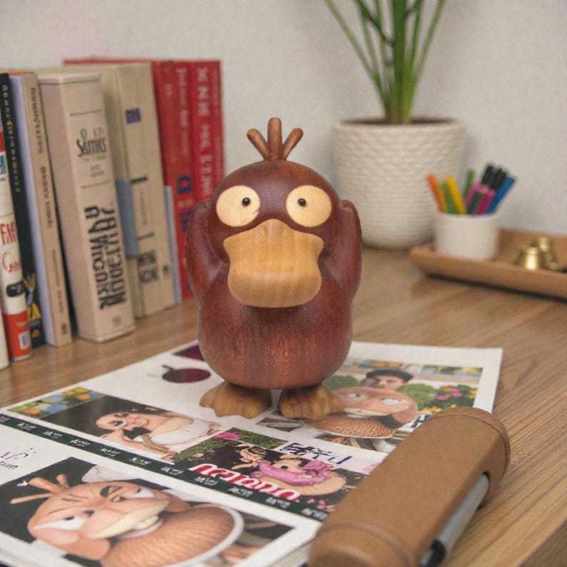 Handcrafted Wooden Psyduck Figurine, Psyduck-inspired Desk Sculpture ...