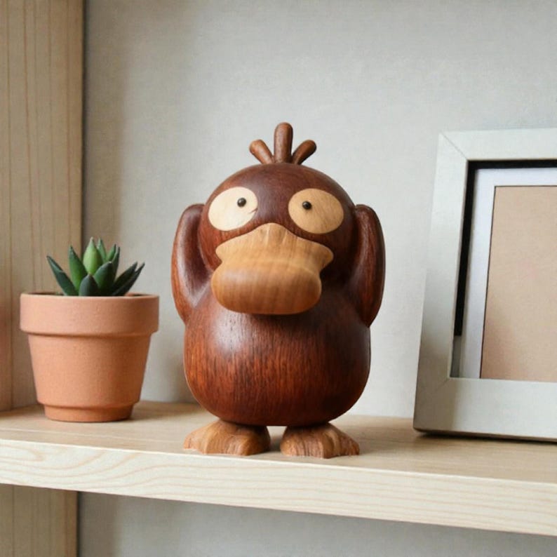 Handcrafted Wooden Psyduck Figurine, Psyduck-inspired Desk Sculpture ...