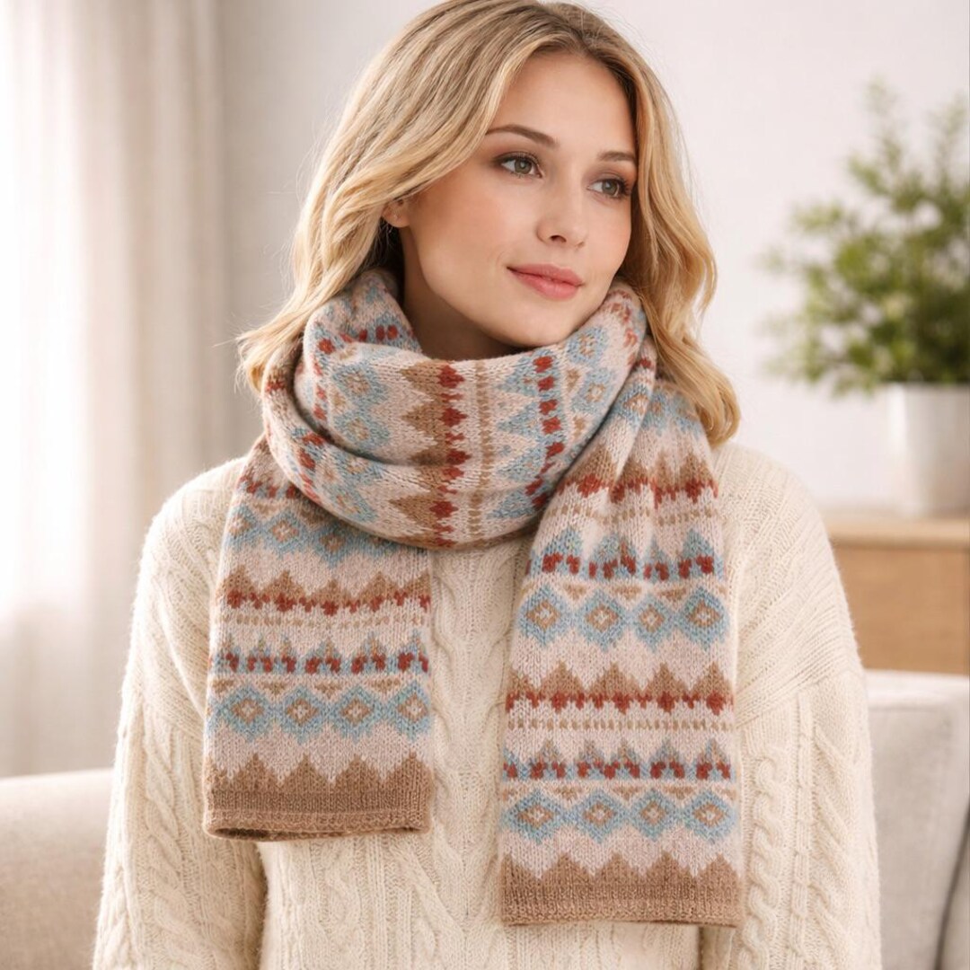 Nordic Fair Isle Wool Scarf for Women, Hand-knitted Jacquard Winter ...