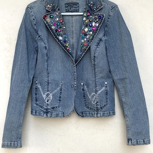 SALE Denim Rhinestone Jacket, Hand Sewn Multi Color Rhinestone Denim ...