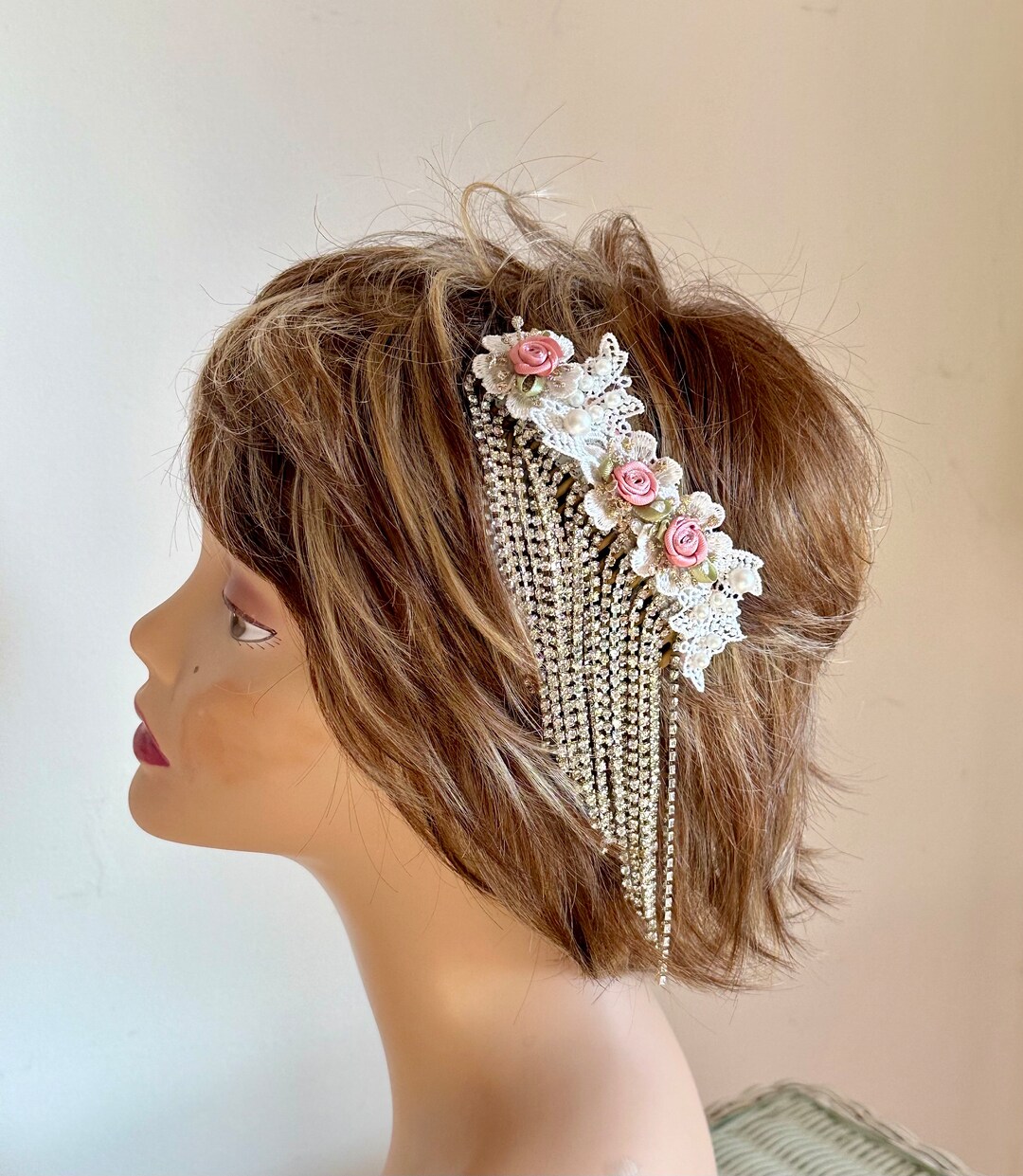 Pretty Decorative Flower Hair Comb/ Waterfall Fringe Side Comb/ Wedding ...